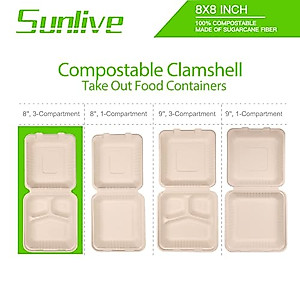 Sunlive 100% Home Compostable 50 Pack Disposable Clamshell Take Out Food Containers, 8X8'' 3-Compartment to go Containers, Biodegradable Heavy-Duty to go Boxes, Made of Sugarcane Fibers