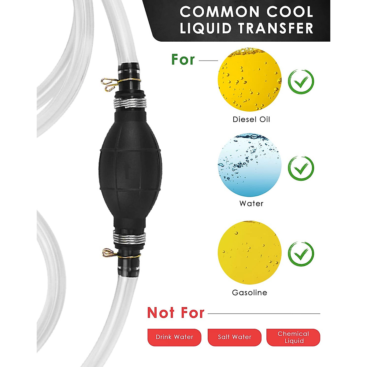 KATUMO Siphon Pump, Upgraded 15MM Enlarged Caliber Siphon Fuel Hand Pump for Gasoline, Oil, Diesel & Water with Hoses, Pinch Clips, Hose Retainer, Brass Extender