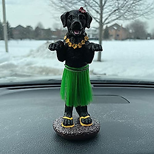 Dashboard Hula Dog Black Labrador Retriever Car Bobblehead Figurine 6 Inches Green Grass Skirt Hawaiian Lei Desk Mantle