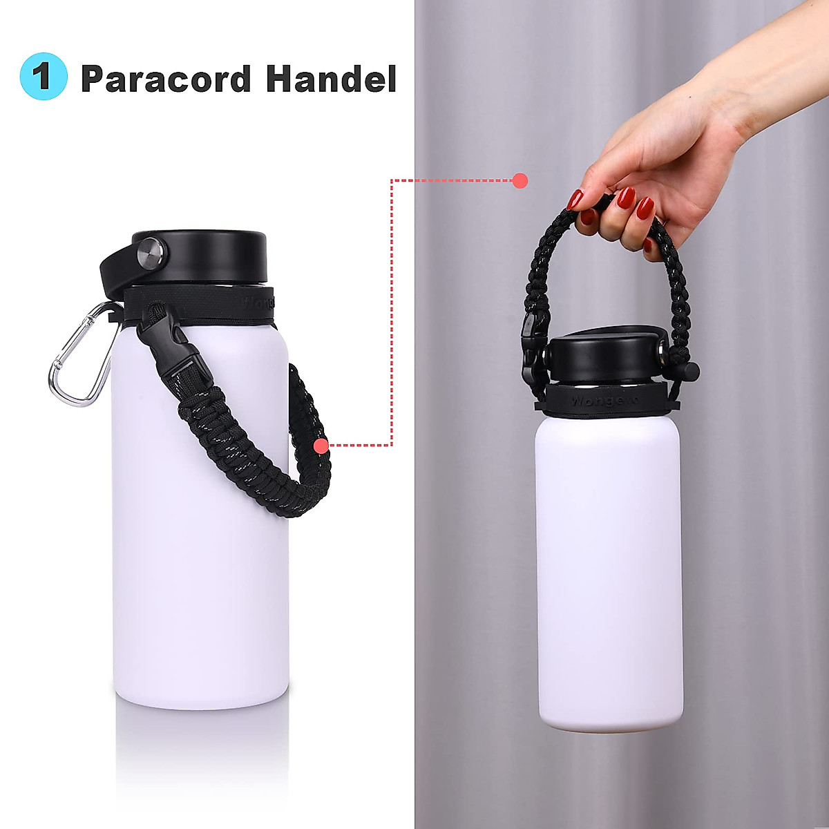 Wongeto 2.0 Paracord Handle with Shoulder Strap Compatible with Hydro Flask 2.0 Wide Mouth Water Bottle 12oz to 64oz-Water Bottle Strap Carrier for Gym School Running Walking Camping (Black)