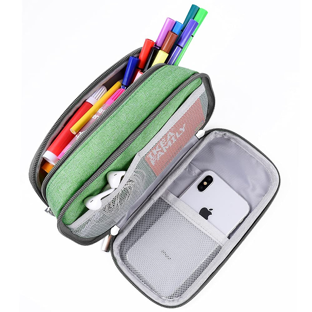 YONZONE Big Pencil Case Large Capacity Pencil Bag Pouch Pencil Pen Case Holder Marker with 3 Compartments for Office Desk Supplies Organizer Storage Makeup Bag, Green