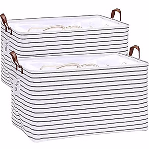 Hinwo 2-Pack Extra Large Canvas Fabric Storage Baskets with Handles, 70L Oversized Storage Bins, Collapsible Storage Box, Clothes, Toys, Blankets Organizers, 22 x 15 x 13 inches, (Grey Stripe)