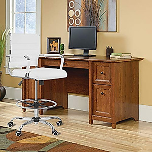 LUCKWIND Drafting Chair Tall Office Chair Ribbed - Mid-Back PU Leather Standing Desk Stool with Adjustable Foot Ring Padded Armrests Tilt-Tension Rocker Lumbar Support Swivel Rolling 400lbs, White