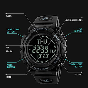 Men’s Military Sports Digital Watch with Survival Compass 50M Waterproof Countdown 3 Alarm Stopwatch (Black) (Black) (Black)