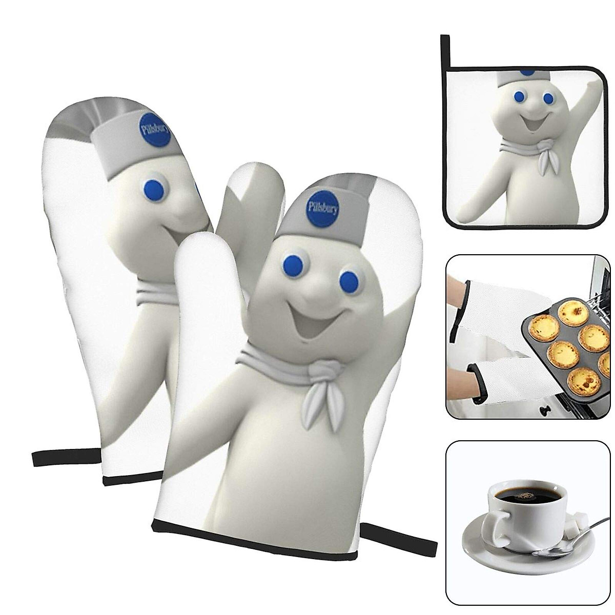 Woidxzxza Pillsbury Doughboy Oven Mitts and Pot Holders Set, Heat Resistant Kitchen Bake Gloves Non-Slip Pot Holders for Cooking, Baking,Grilling, Barbecue,BBQ