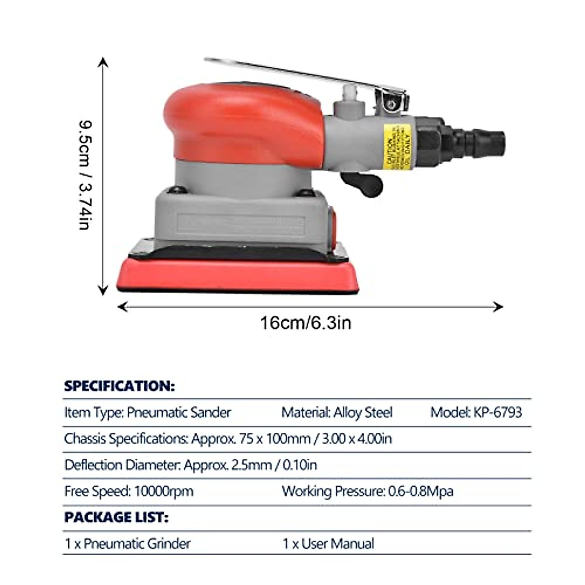 WALFRONT Pneumatic Sander 10000 RPM Air Square Orbit Finishing Sander for Wood Sanding Car Waxing Metal Sanding 75 x 100mm / 3.00 x 4.00in