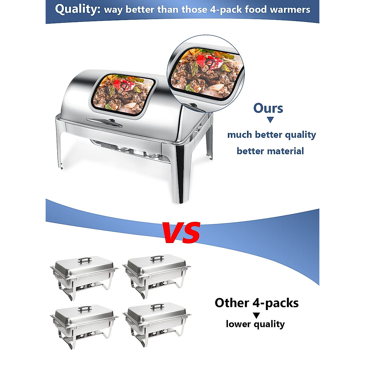 Granvell Rectangular Roll Top Chafing Dish Buffet Set, Catering Food Warmer for Parties, Wedding, Birthday, Christmas, 1 Full Size & 2 Half-Size Chafing Server Dish, 14QT Water Pan