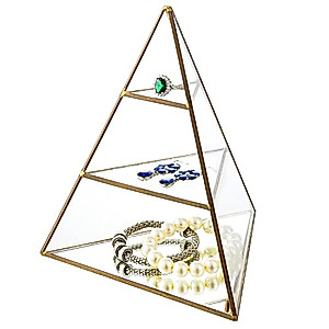 MyGift Glass Pyramid Small Jewelry Organizer Box with Brass Metal Frame, 3 Tier Crystal Display Case