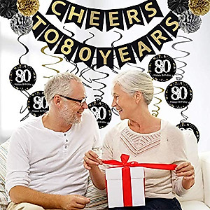 Trgowaul 80th Birthday Party Decorations Kit- Gold Glittery Cheers to 80 Years Banner, Pom Poms, 6Pcs Sparkling 80 Hanging Swirl, 1 Gold Number Balloon, 15 Confetti Balloons for 80 Birthday Decoration