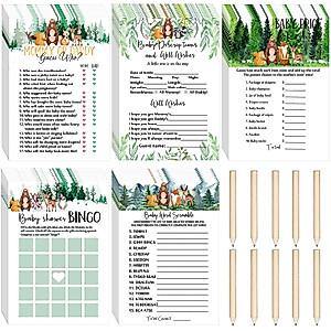 Gersoniel 135 Pieces Woodland Baby Shower Game Cards Forest Animals Baby Shower 5 Games Set Guess Who Mommy or Daddy Game Well Wishes Bingo Game Woodland Creatures Theme with Pencils for Boy Girl