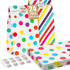 TOXOY 24PCS Party Favor Bags, Treat Bags with Stickers Colorful Stripe Dot Gift Bags for Kids Birthday Party Baby Showers 4.7" x 3.1" x 8.7"
