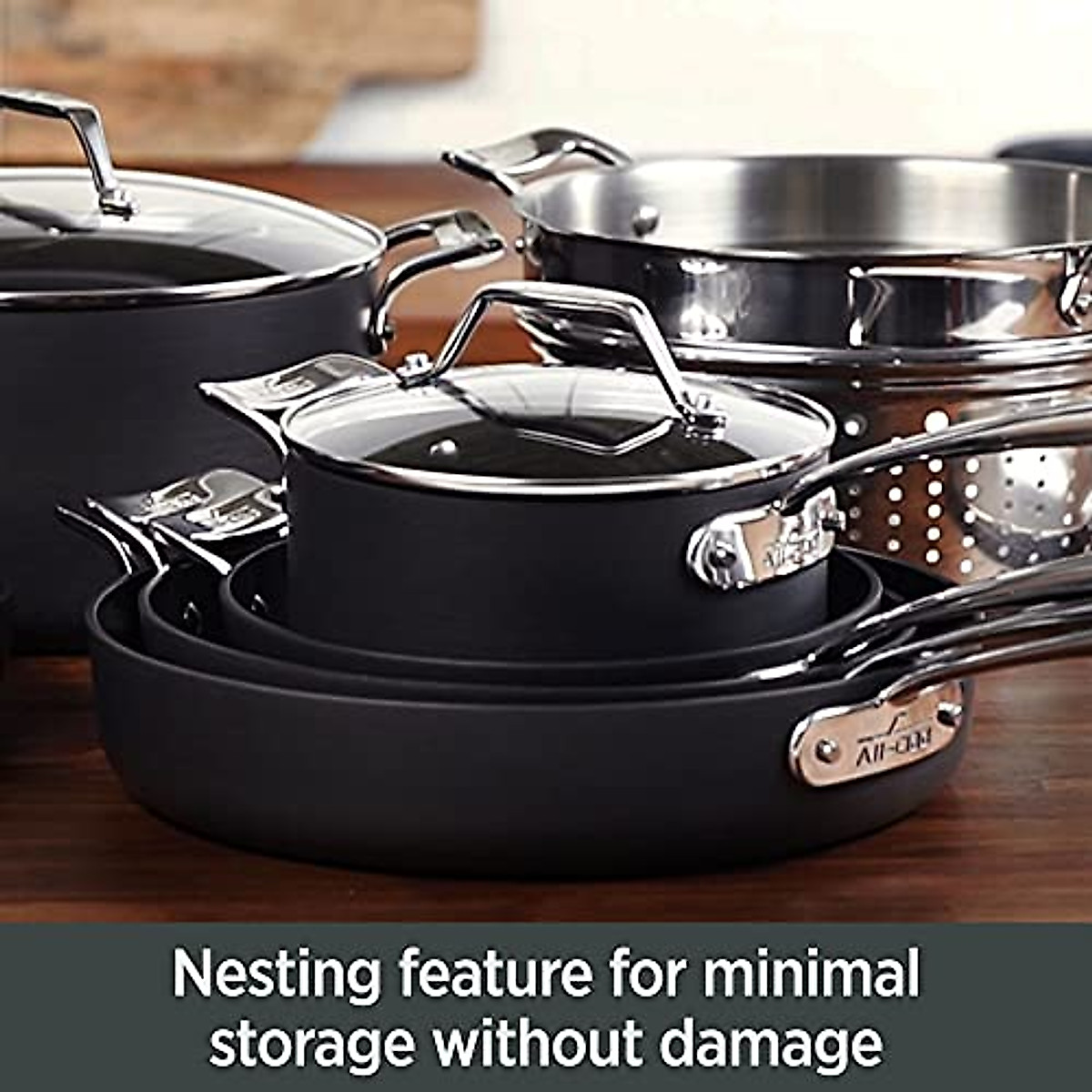 All-Clad Essentials Hard Anodized Nonstick 4 Piece Sauce Pan Set 8, 10.25 Inch, 4 Quart Pots and Pans, Cookware Black