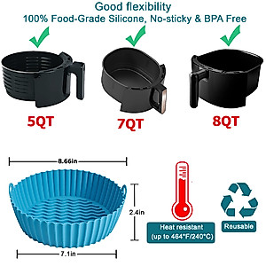 DTHOME3 2PCS Silicone Air Fryer Liners for 5 to 8 QT | Round Air Fryer Silicone Basket Bowl, Reusable & Heat Resistant | Easy Clean-Up Solution for Air Fryers (8.66in, Red+Blue)