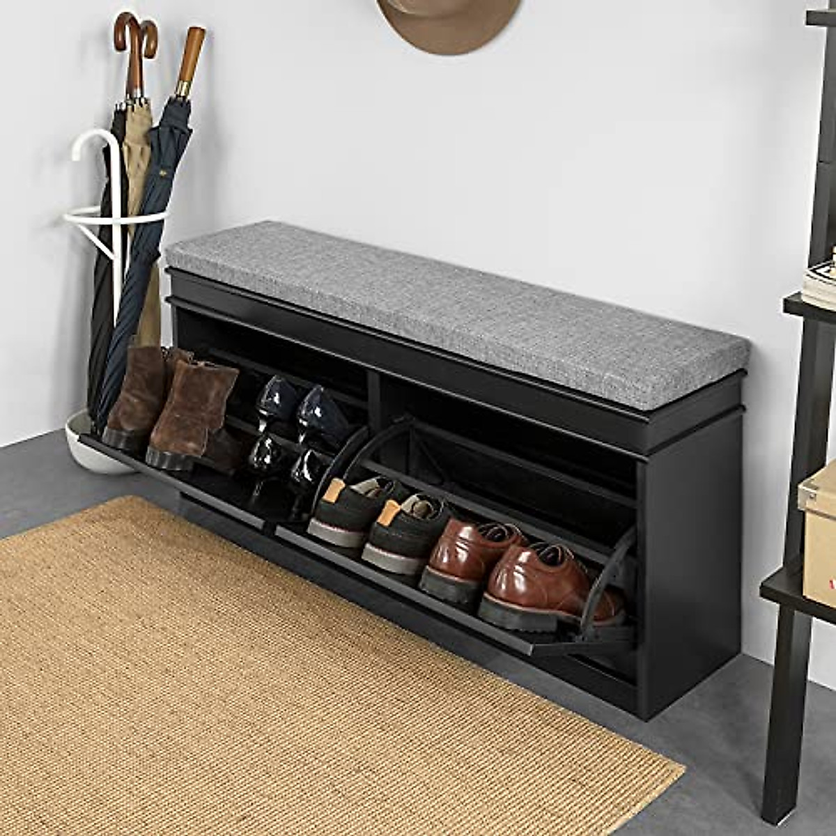 SoBuy Black Storage Shoe Bench with 2 Flip Drawers, Hidden Shoe Bench, Free Standing Shoe Rack, Shoe Cabinet, Hallway Storage Bench with Seat Cushion FSR64-SCH