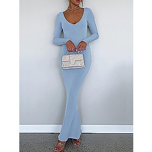 REORIA Women's Sexy Soft Lounge Ribbed Long Dress Fall Elegant Formal Wedding Guest Long Sleeve Deep V Neck Bodycon Maxi Dresses Blue Medium