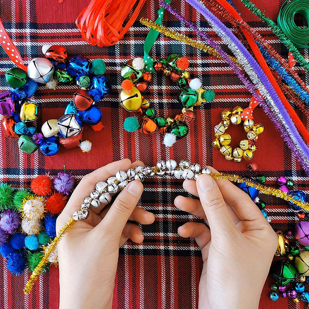 Winlyn 475 Set Christmas Jingle Bell Wreath Christmas Tree Ornaments Craft Kit Jingle Bell Metallic Chenille Stems Glitter Pom-Poms Ribbon Assortment for Kids Holiday Xmas Bracelets Necklaces Artwork