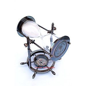 Nautical Maritime Black Antique Full Brass Sand Timer Hourglass with Wheel Compass Base