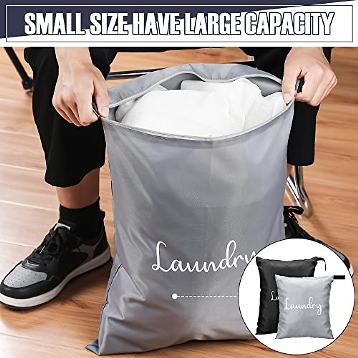 4 Pack Travel Laundry Bag Waterproof Wet Dirty Bag Machine Washable Clothes Organizer Bag Washing Travel Accessories for Packing Storage Hamper Basket, 12 x 14 Inch, 17 x 22 Inch, Gray, Black