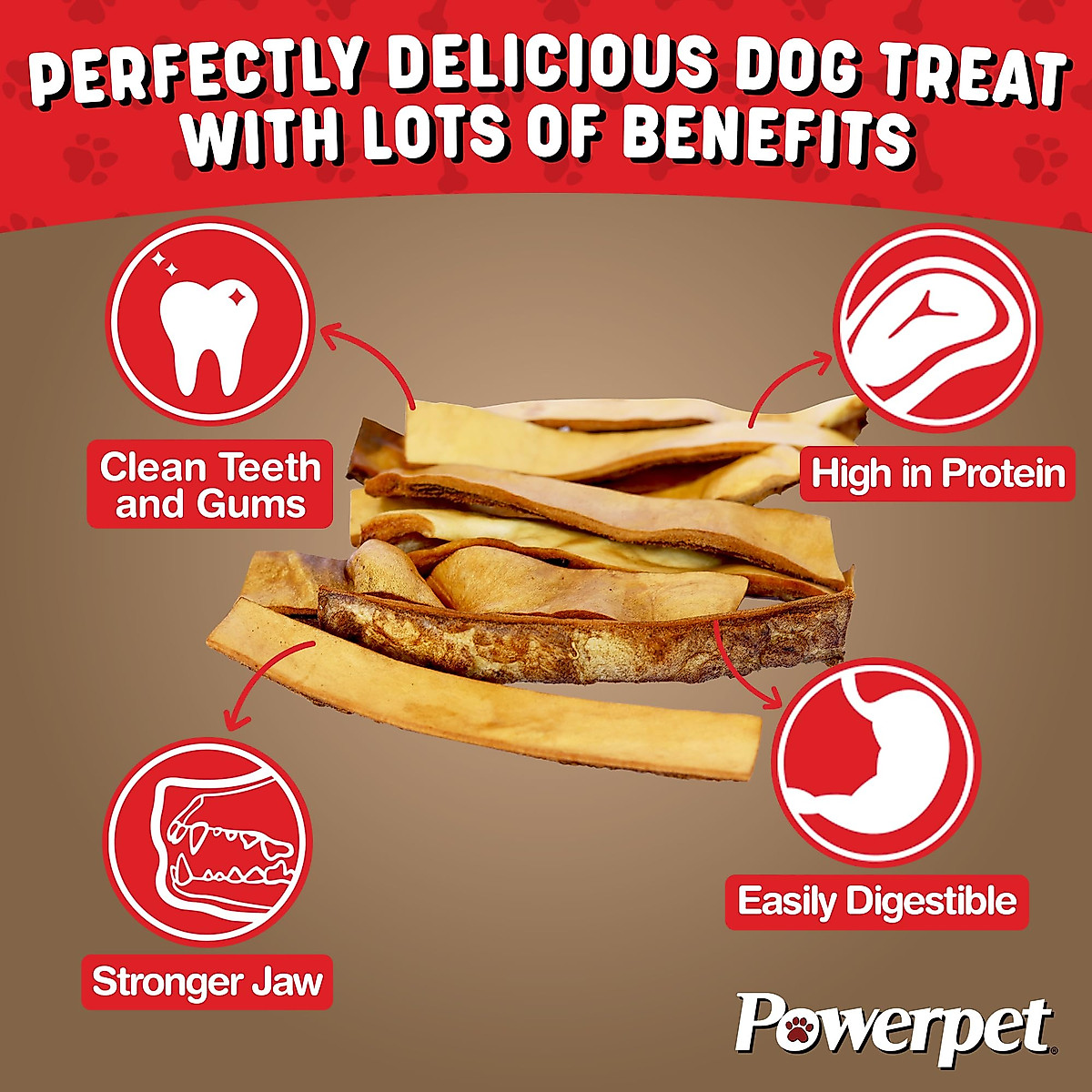 Powerpet Treats Natural Smoked Beef Jerky Skin for Dogs - Premium High Protein, Grain-Free, Rawhide-Free, Long-Lasting Chews, Ideal for All Breeds, Promotes Dental Health - Easy Digestion - 8oz Bag