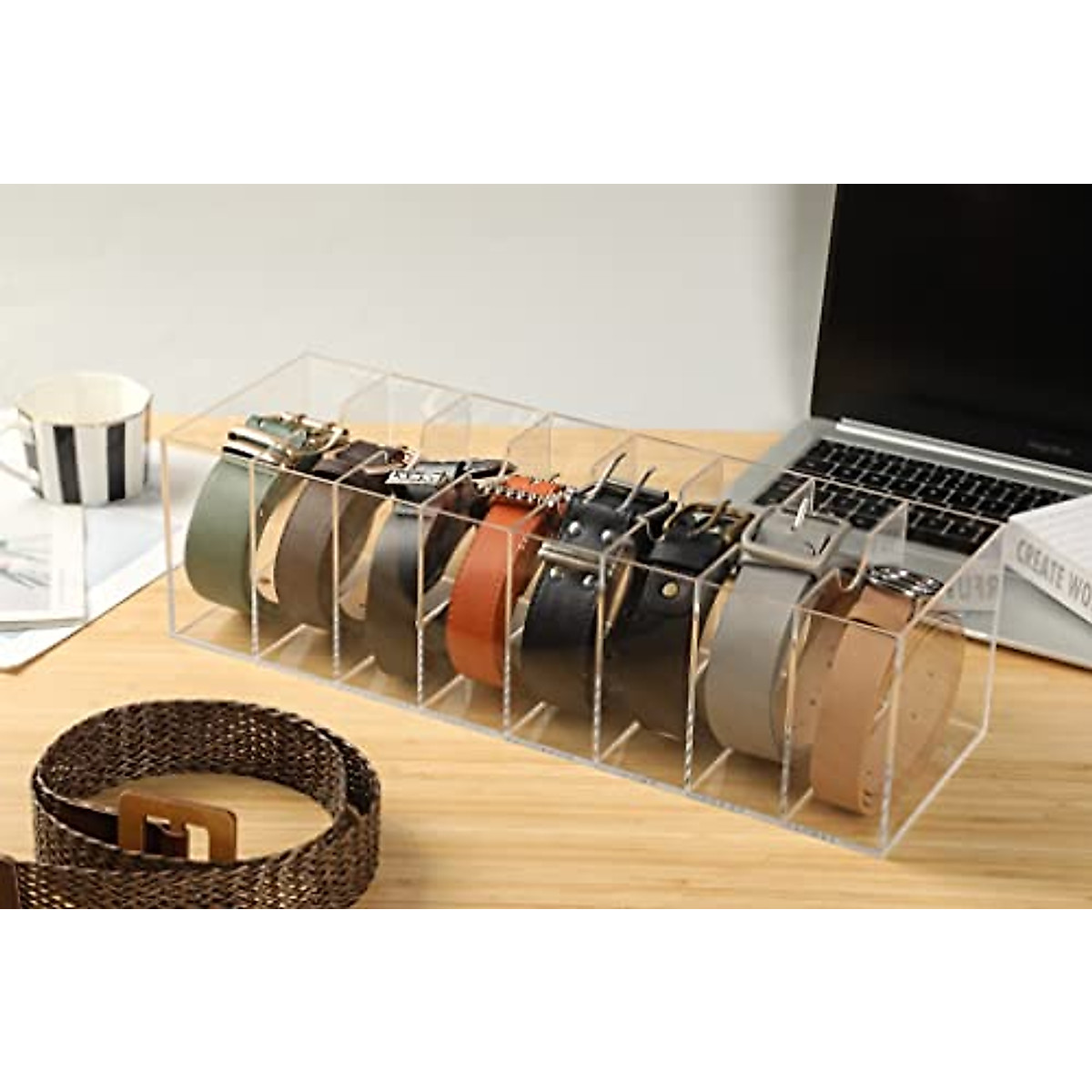 Belt Organizer, Acrylic 5&8 Compartments Belt Case Storage Holder , Clear Belt Display Case for Closet Tie and Bow Tie (8 grids)