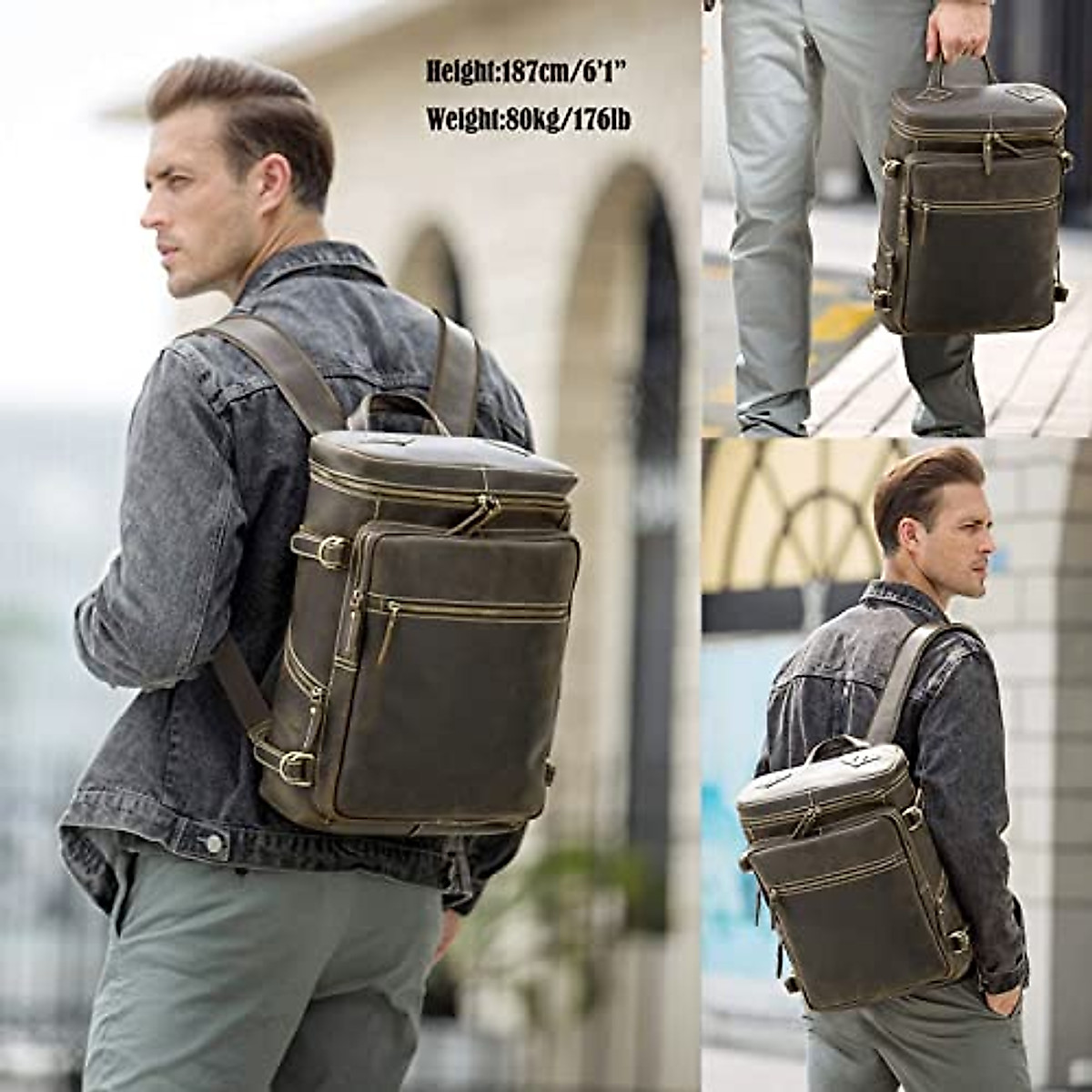 Masa Kawa Vintage Full Grain Leather Backpack for Men Fits 15.6 Inch Laptop Brown Travel Rucksack Bag Casual Daypack