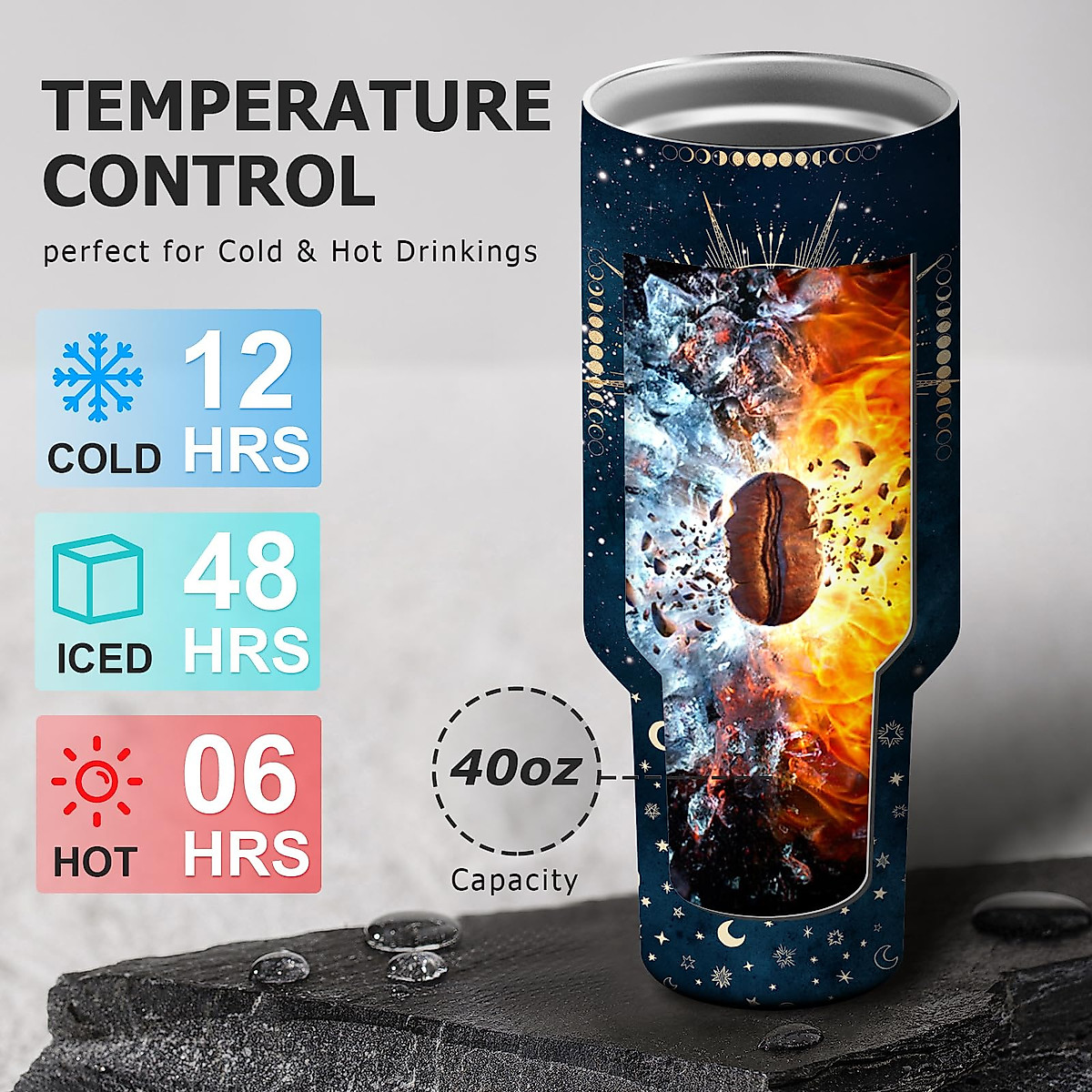 Equoza Tumbler with Lid and Straw Travel Coffee Mug Gifts for Astrology, Celestial, Moon, Galaxy Lovers 40oz Tumbler with Handle Travel Mug Double Wall Vacuun Insulated Cup (Pack of 1)