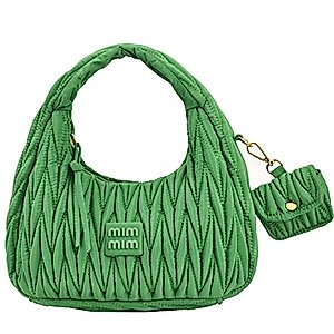 Quilted Nylon Hobo Handbag Purse Pleated Thread Design Clutch Purse Bags For Women Cute Trendy Tote With Coin Purse (Green)