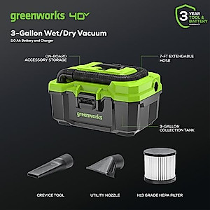 Greenworks 40V (3 Gallon) Cordless Wet / Dry Shop Vacuum + Accessories, Tool Only