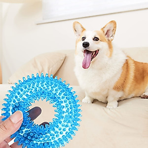 BLMHTWO 2PCS Dog Spiky Toy, Durable Squeaky Balls Chew Toy Rubber Puppy Dental Ring Dog Toy Pool Rings for Small Medium Dogs Indoor Outdoor Training Teeth Cleaning (Blue, Orange)