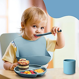 6pcs Baby Weaning Supplies, Silicone Baby Feeding Set, Suction Cup Divider with Suction Cup Adjustable Bib Soft Spoon Fork, Baby Self-Feeder Toddler Dinnerware Cutlery 6pack (Blue)