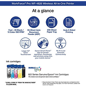 Epson Workforce Pro WF-4820 Wireless All-in-One Color Inkjet Printer, Black - Print Scan Copy Fax - 4.3" Touchscreen, 25 ppm, 4800 x 2400 dpi, Auto 2-Sided Printing, 35-Sheet ADF, Ethernet
