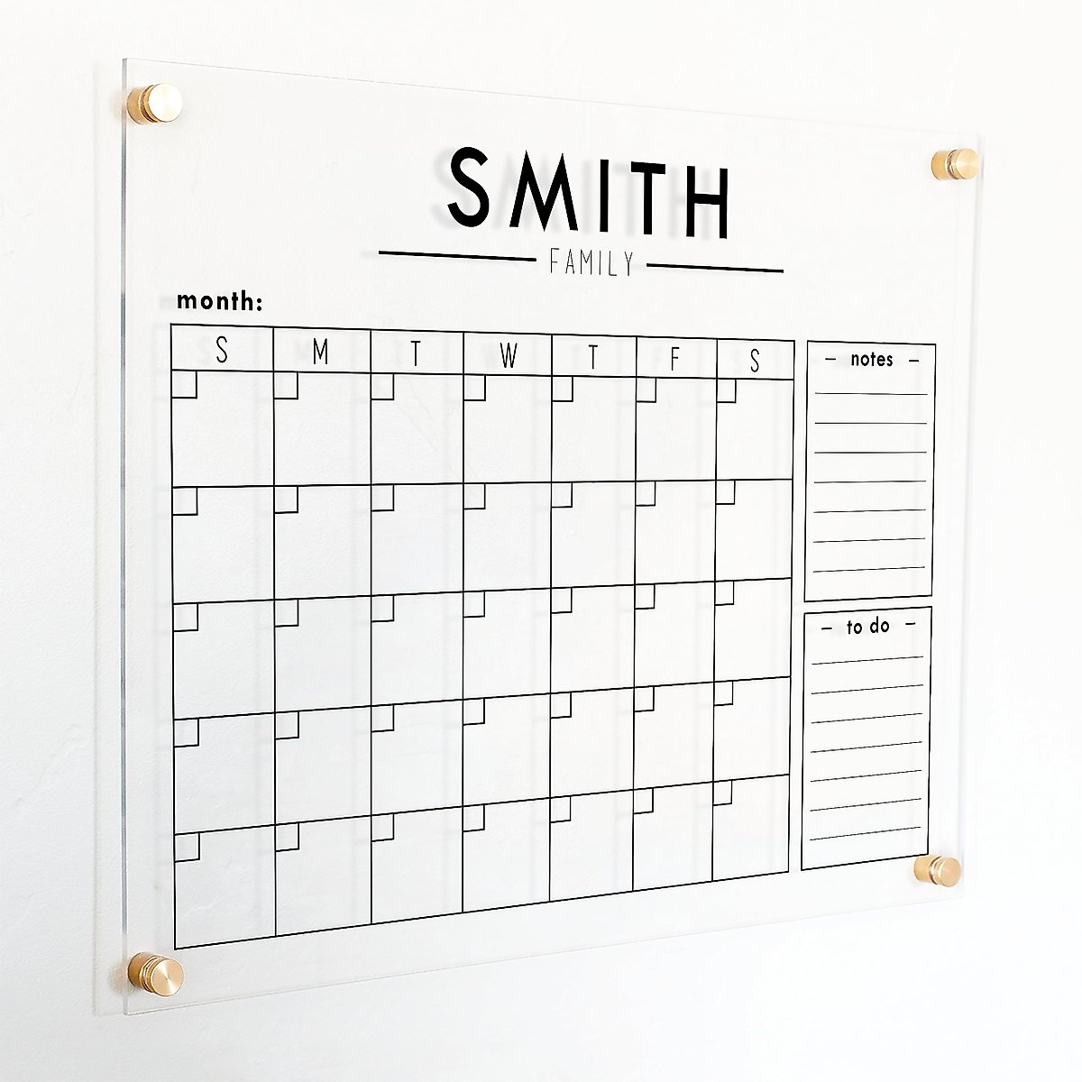 Custom Acrylic Calendar | Landscape Dry Erase Acrylic wall Calendar | Custom name and boxes | floating Wall Calendar with last name or family name