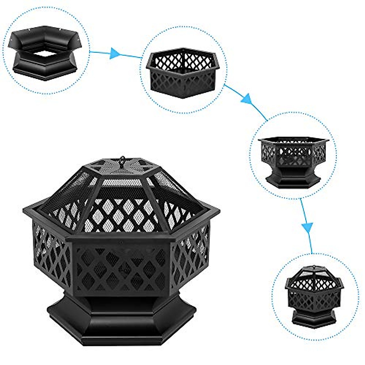 Douup 24-Inch Outdoor Fire Pit with Mesh Screen and Poker Hex Shaped Metal Wood Burning Bonfire Pit for Outdoor Camping Patio Backyard Garden - 8" Deep Bowl