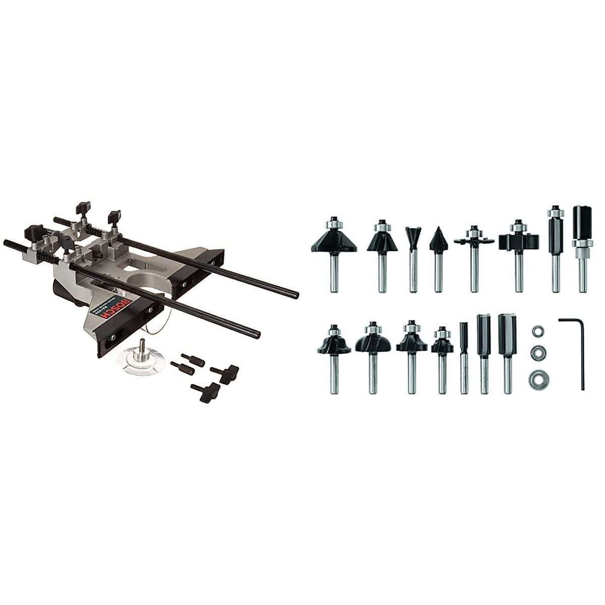 BOSCH RA1054 Deluxe Router Edge Guide with Dust Extraction Hood & Vacuum Hose Adapter, Black&BOSCH 15 pc. Carbide-Tipped Wood Router Bit Set