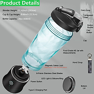 Binineew Portable Blender - 20oz Powerful Personal Blender Shakes and Smoothies USB Rechargeable - Efficient Safe On The Go Fruit Juicer Cup Kitchen Baby Food Office Gym Sport Travel (Black)