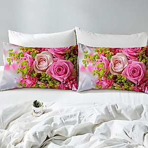 Feelyou Pink Roses Duvet Cover Set Queen Size Valentine's Day Bedding Set for Her Kids Teens Girls Lovers Couple Wife Rose Flowers Room Decor Valentines Floral Comforter Cover with 2 Pillow Shams