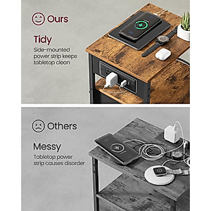 VASAGLE Nightstand with Charging Station, Night Stand, Side Table with 1 Drawer and 2 Open Shelves, Fabric Drawers with MDF Front, End Table, Rustic Brown and Classic Black ULGS026K01