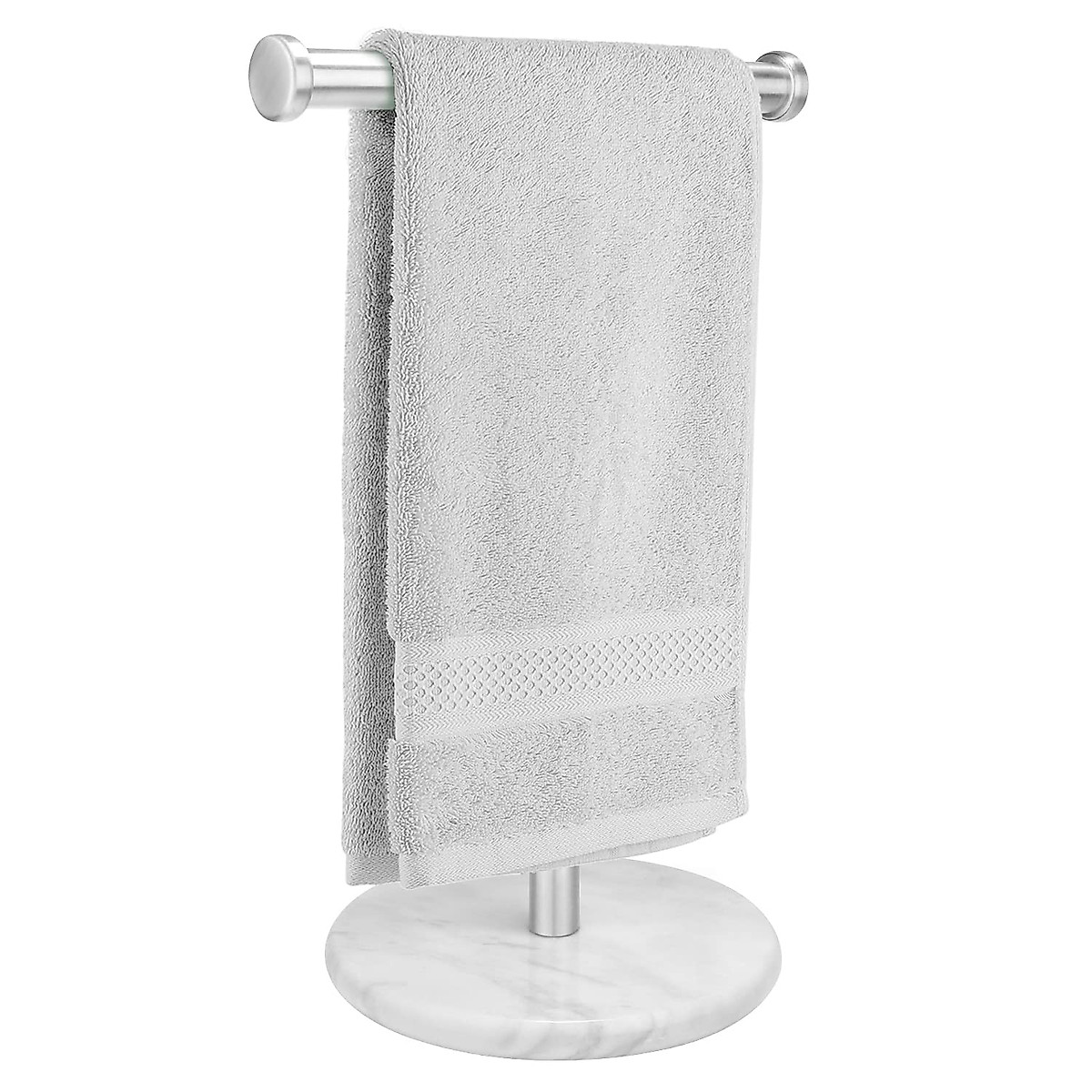 Homeries Marble Hand Towel Holder - Stainless Steel Towel Stand with Round Marble Base - Modern T-Shape Hand Towel Valet for Bathroom, Vanity Top Towel Stand, Counter Towel Bar, Jewelry Rack