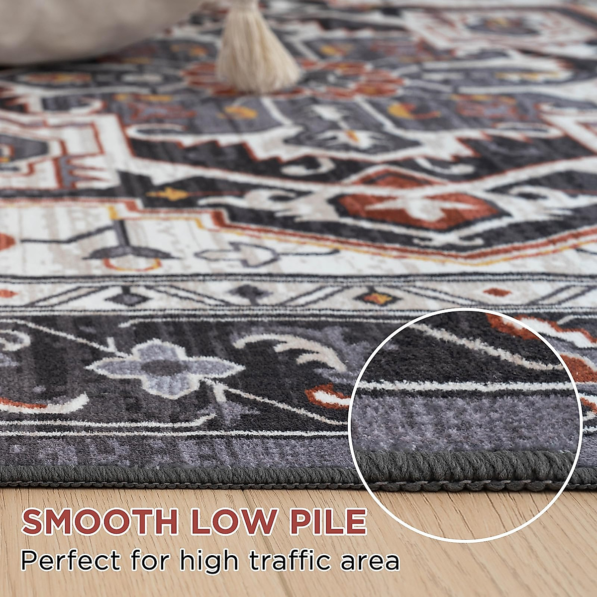 HOMFINE Ultra-Soft Washable Area Rug - 6x9 Non-Slip Vintage Low Pile Carpet Medallion Rugs for Living Room Bedroom Dining Room Office, Black