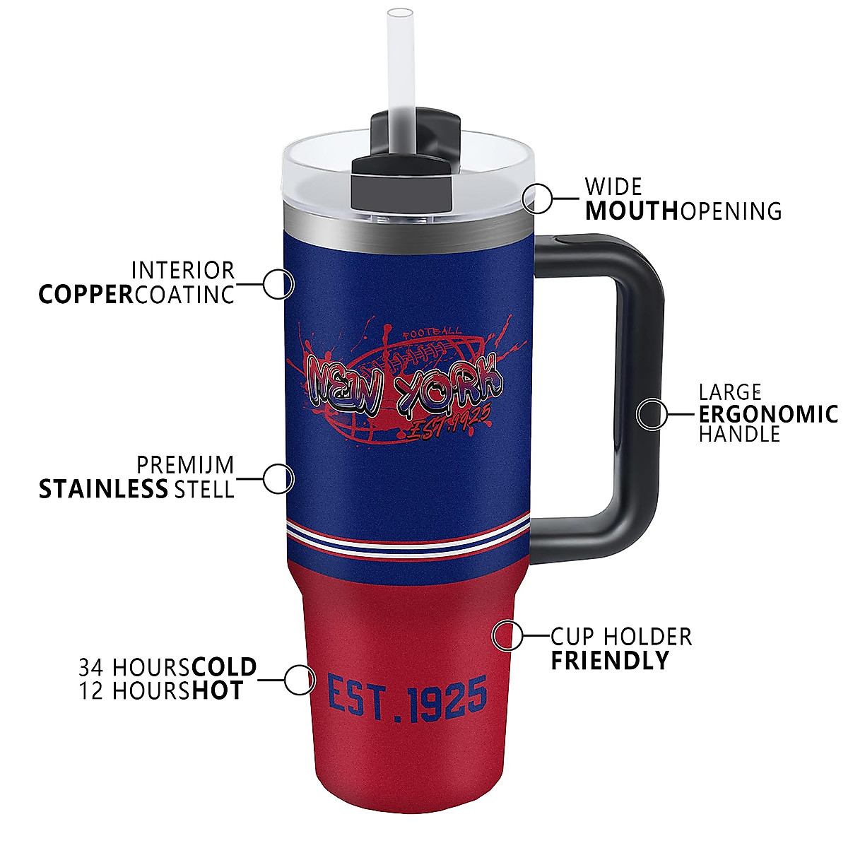 New-York 30 oz Tumbler with Handle and Straw,Car cup,Coffee Mug,100% Leakproof Insulated Tumbler with Lid and Straw,Made of Stainless Steel,Cup Holder Friendly Base,Classic Collection Gifts for Fans
