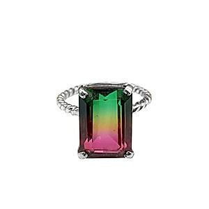 Classic Watermelon Tourmaline Ring Tourmaline Doublet Crystal Silver Ring Octagon Shape Tri color stone Ring Silver Jewelry (7)