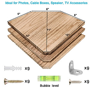 DUICIRX Corner Wall Shelves, Wood Corner Floating Shelves with Cable Raceway for TV Accessories, Monitor, Speaker, Cable Box, Game Console (Carbonized, Diamond- 12 Inch)