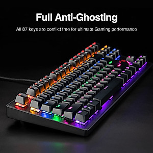 Rii RK908 Mechanical Gaming Keyboard RGB LED Rainbow Backlit Wired Compact Keyboard with Blue Switches 87 Keys for Windows PC Gaming