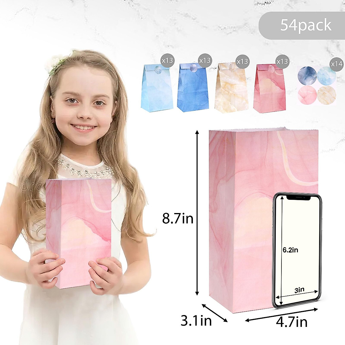 JOHOUSE 54PCS Paper Goodie Bags with Stickers, Colorful Marbleized Treat Bags Party Favor Bags Birthday Gift Bags Party Accessories for Kids Birthday Party