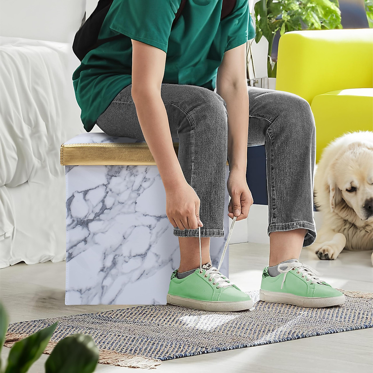 Dawhud Direct Footstool with Storage - Elegant Marble Look Gold, 15x15 inches - Space-Saving Ottomans with Storage and Extra Seating - Ideal for Clothes, Living Room, Bedroom, Dorm