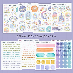 Navy Peony Whimsical Unicorn Self-Care Stickers Sheets (8 Sheets, 150+ Stickers) - A6 Size, Washi/Waterproof Paper Mix | Motivational Quote Stickers for Journals, Planners, Scrapbooks