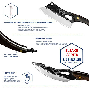 XYJ FULL TANG Outdoor Chef Knife 6-pieces Set Stainless Steel Slice Kitchen Knives Come With Universal Leather Case Carry Knife Bag Cutlery Knives Accessories