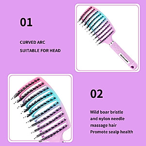 EKONAER Detangling Brush Boar Bristles Hair Brush for Adult & Kids Wet or Dry Hair,Curved and Vented Detangler Brush - Adds Shine and Makes Hair Smooth(Pink)