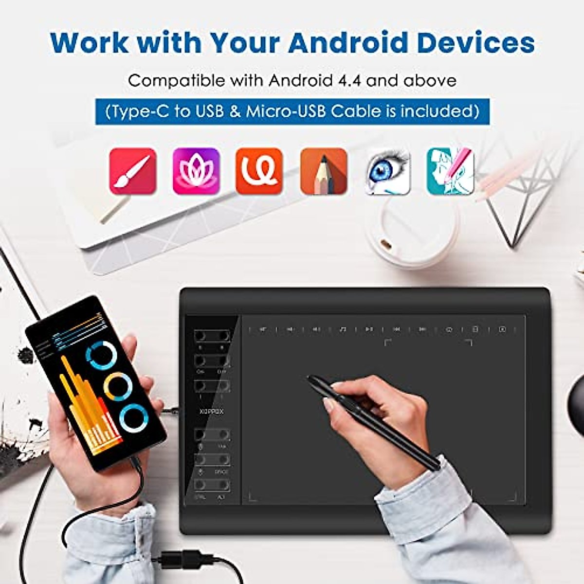 XOPPOX Graphics Drawing Tablet 10 x 6 Inch Large Active Area with 8192 Levels Battery-Free Pen and 12 Hot Keys, Compatible with PC/Mac/Android OS for Painting, Design & Online Teaching
