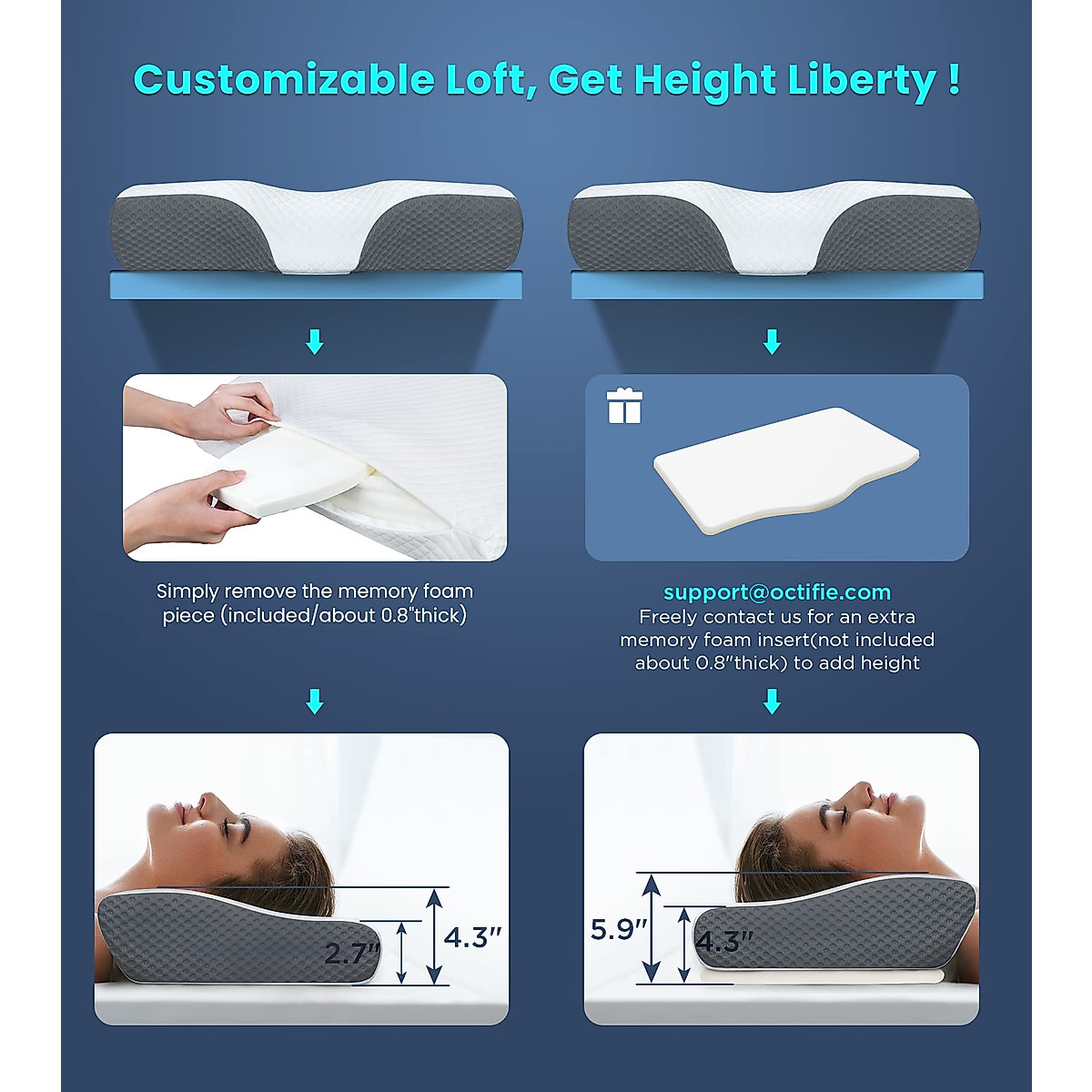 Adjustable Cervical Pillow for Neck and Shoulder Pain Relief, 5X Support Memory Foam Pillows for Sleeping, Orthopedic Traction Pillow Odorless, Bed Pillow for Side Back Stomach Sleeper